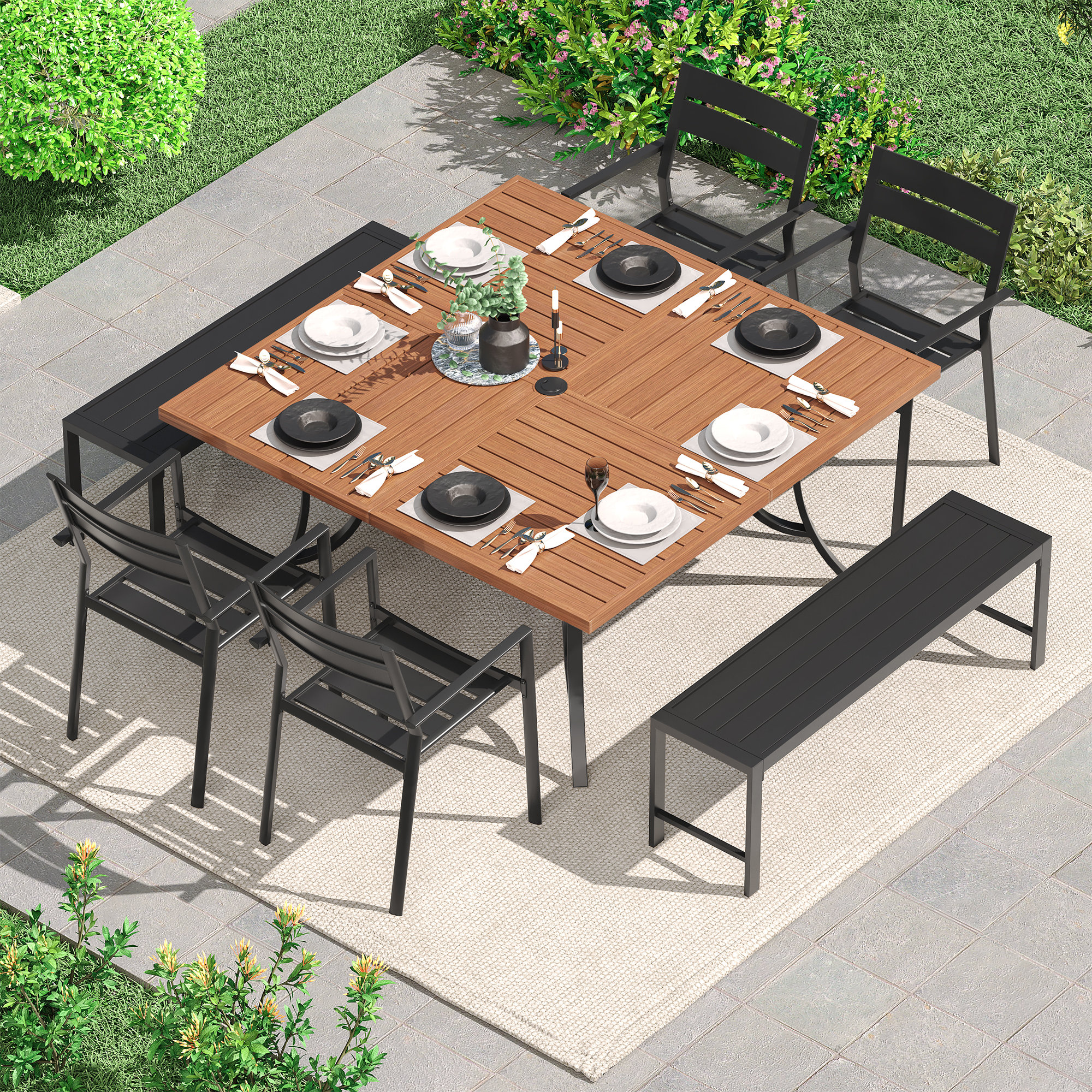 Latitude Run® Patio Dining Set with Stackable Metal Chairs and 59" Square Dining Table & Reviews ...